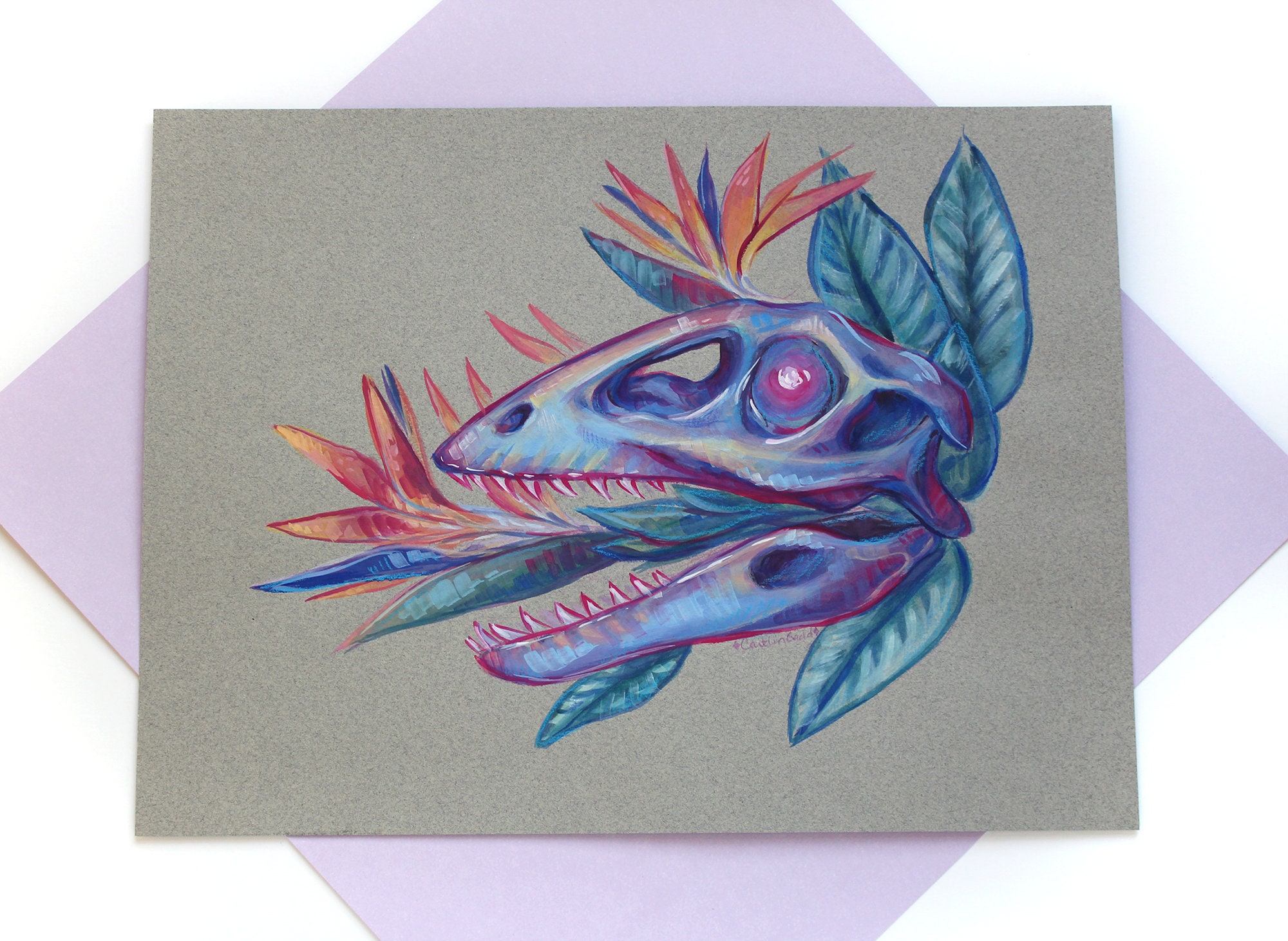 Rainbow Raptor Skull Original Gouache Painting Dinosaur - Etsy