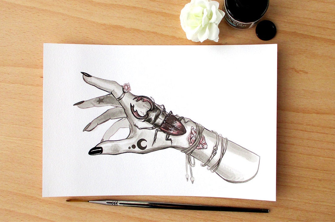 Original Ink Painting - Insect Hands; Bug Collector Art // Spooky Witch ...