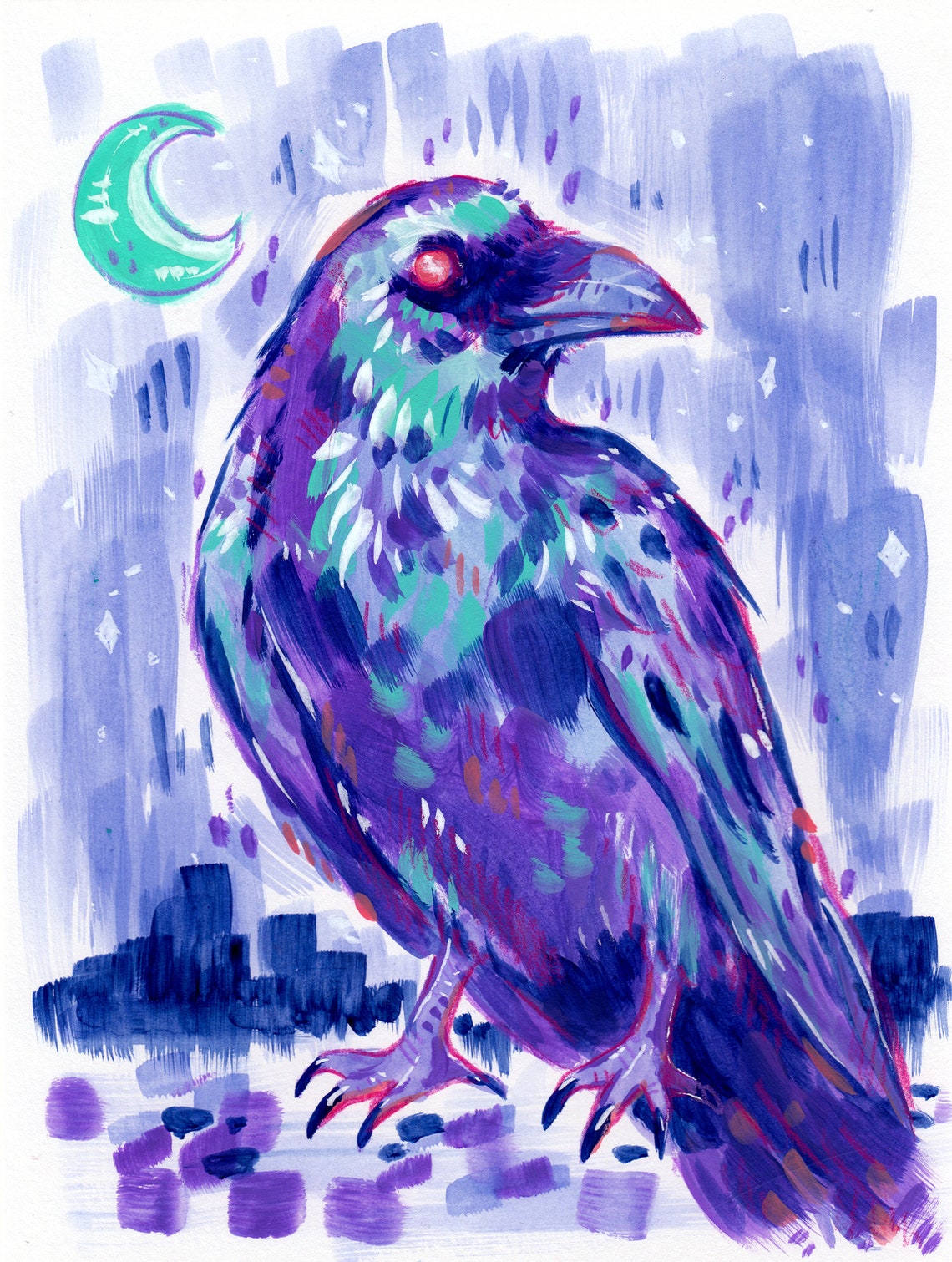 Nighttime Crow Print Colorful Bird Wall Art // Purple and - Etsy Sweden
