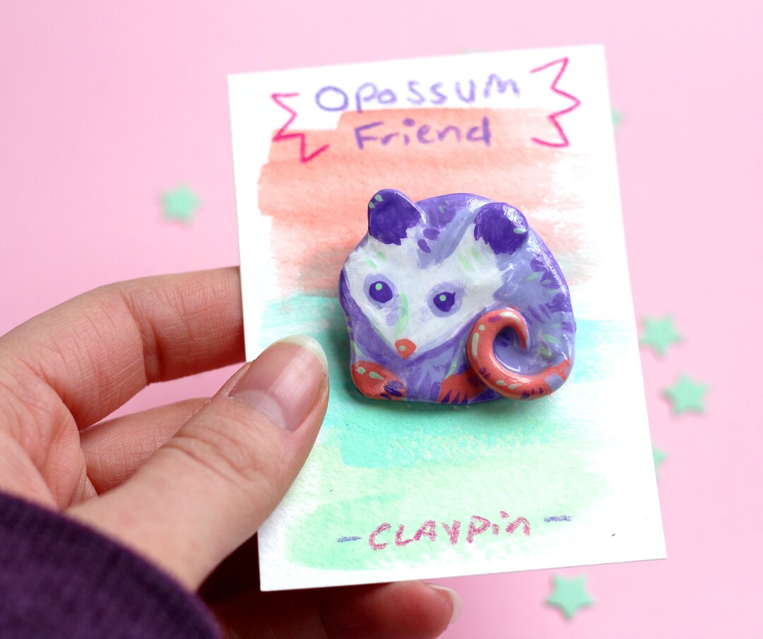 Purple Opossum Pin - Handmade, Hand-painted Polymer Clay Animal Pin ...