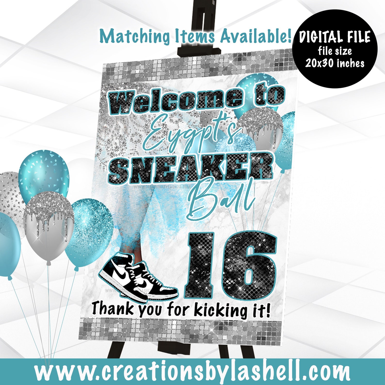 Sneaker Ball Welcome Sign Printable Teal Blue Sneaker Party Birthday ...