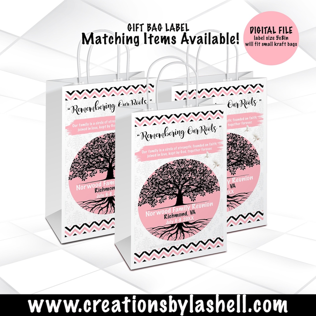 Family Reunion Gift Bag Label Template Pink Family Reunion Favor Bag ...