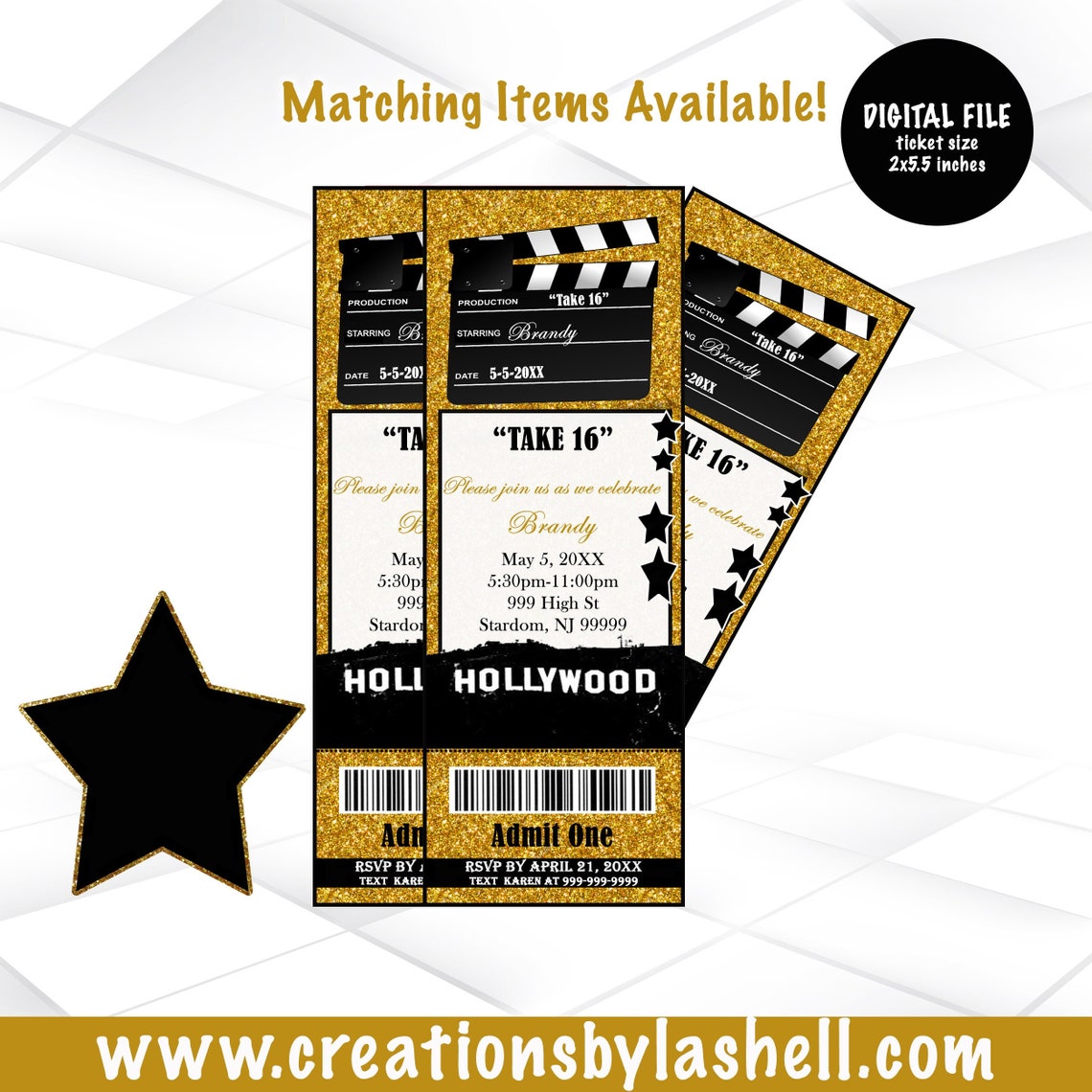 Hollywood Ticket Invites | Hollywood Theme Ticket Invitation Template ...