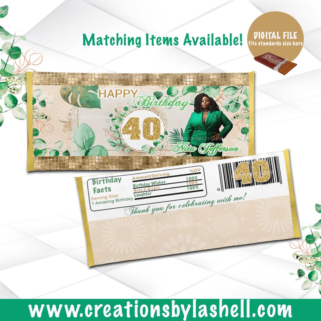 Green and Gold Birthday Candy Bar Wrapper | Digital Chocolate Bar ...