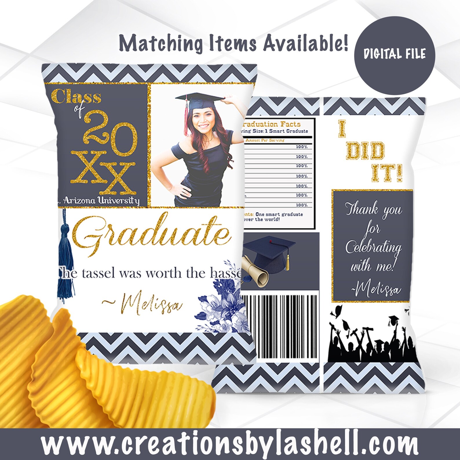 Graduation Chip Bags Digital File Blue and Gold Graduation Chip Bag ...