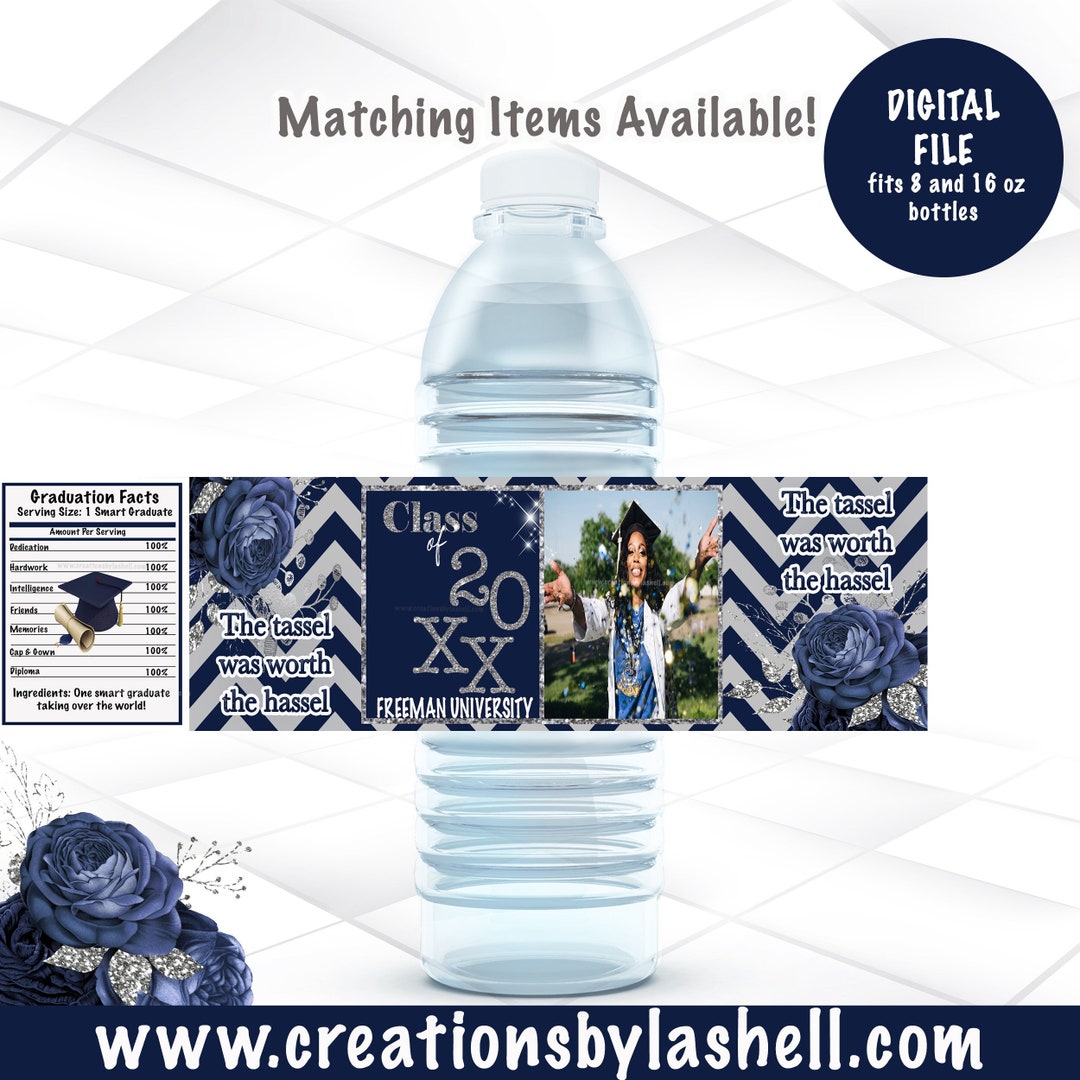 Graduation Water Bottle Label Digital File | Navy Blue and Silver ...
