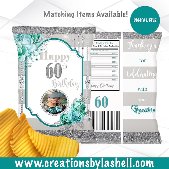 Birthday Chip Bag Printable Teal and Silver Chip Bags - Etsy