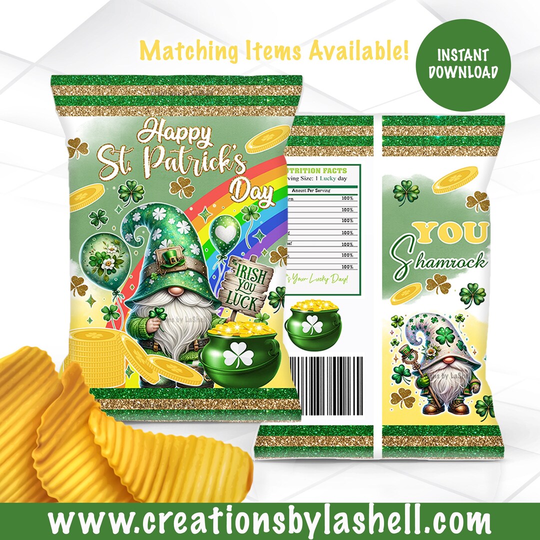 St Patrick's Day Chip Bag Instant Download St. Patty's Day Gnome ...