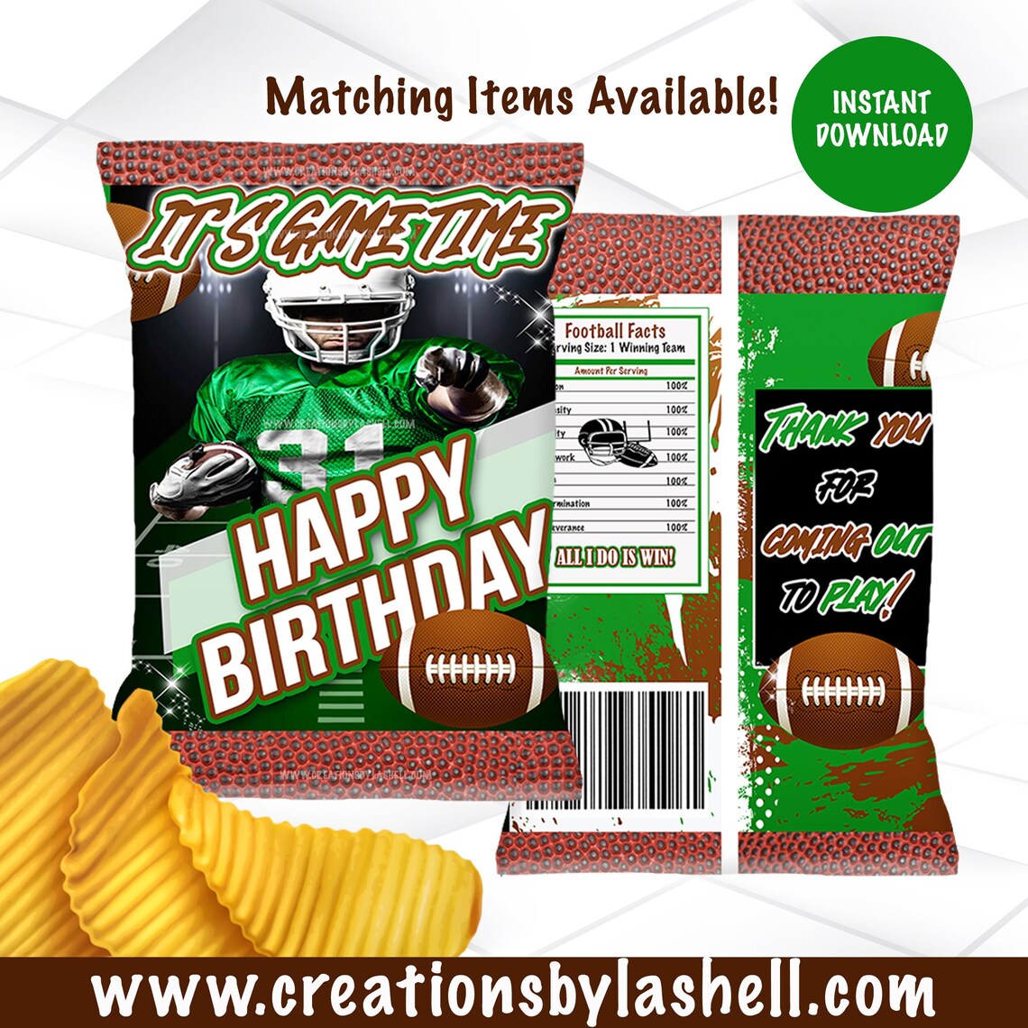 Football Chip Bag Instant Download It's Game Time Chip Bag Template ...