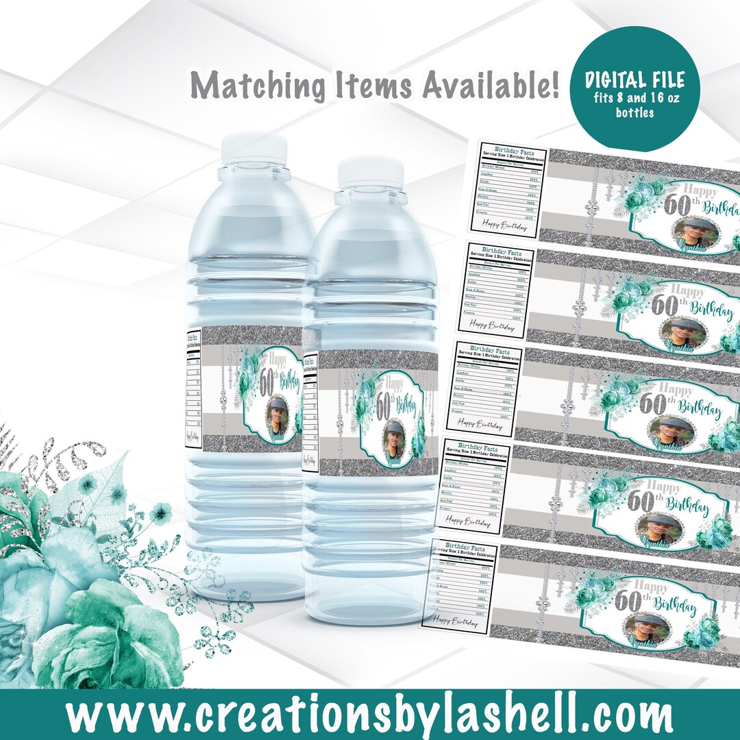 Birthday Water Bottle Labels Printable | Teal and Silver Water Bottle ...