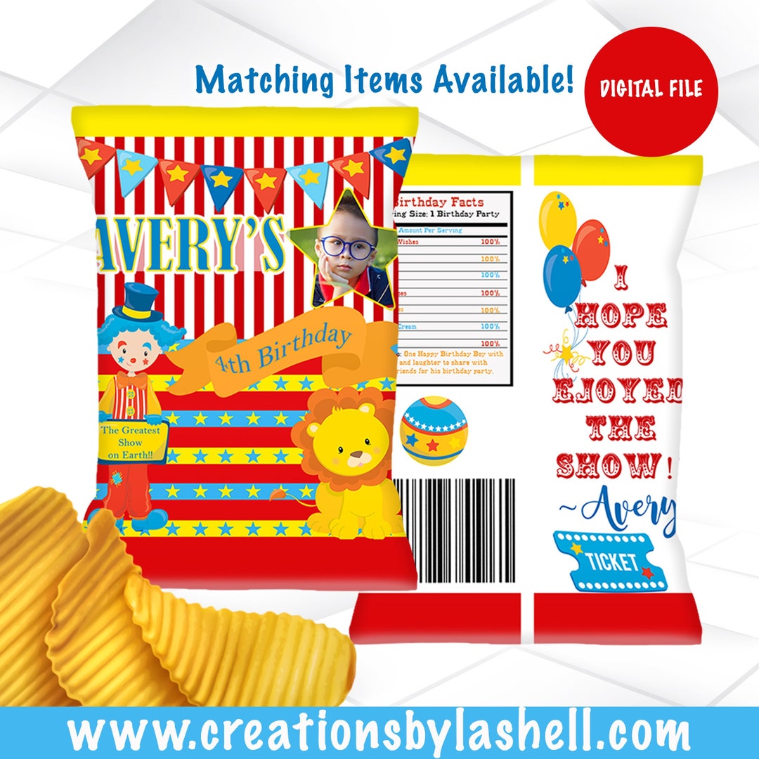 Circus Party Printable Chip Bag, Circus Birthday Party Chip Bag, Circus ...
