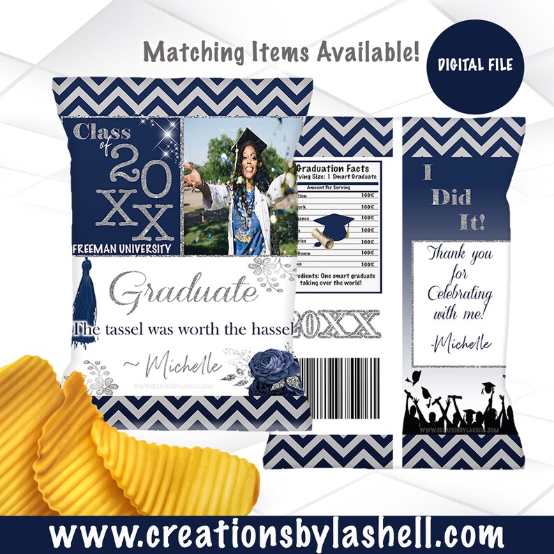 Graduation Chip Bags Digital File Navy Blue and Silver Graduation Chip ...