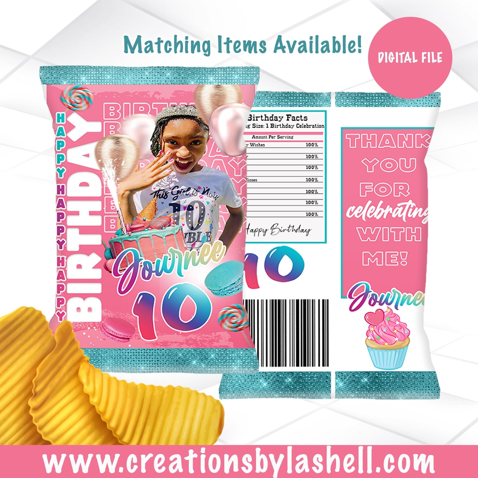 Birthday Chip Bags Digital File | Custom Chip Bags Printable | Pink and ...