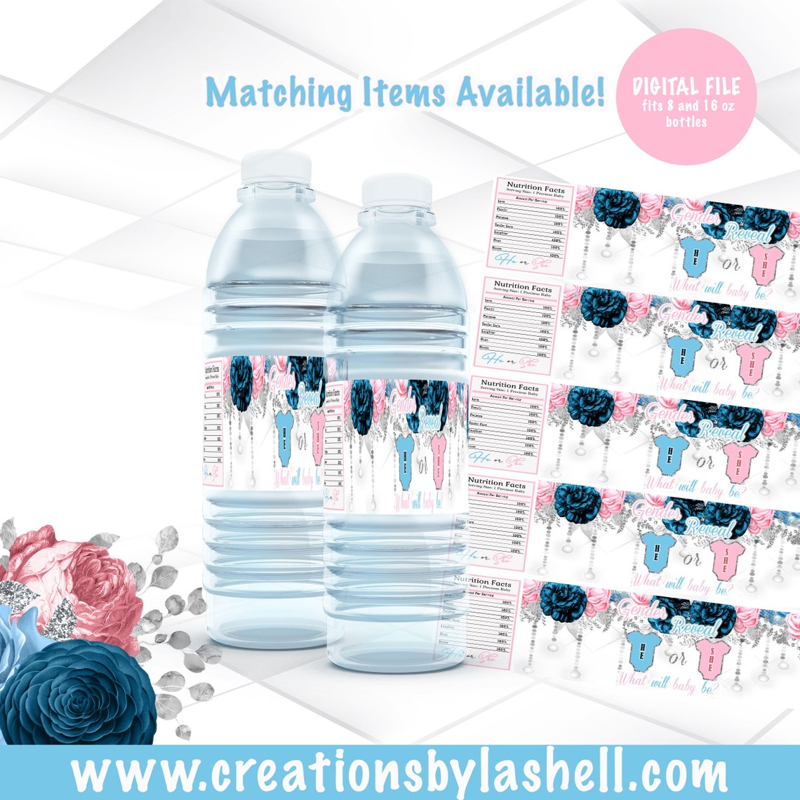 Gender Reveal Water Bottle Labels Instant Download | He or She Theme ...