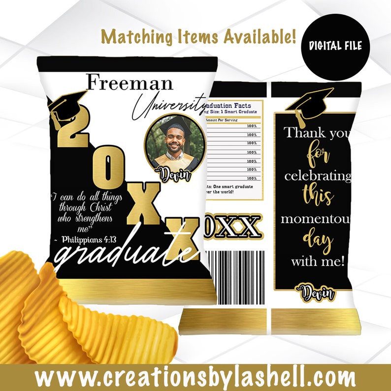Graduation Chip Bags Printable Black and Gold Graduation Chip Bag ...