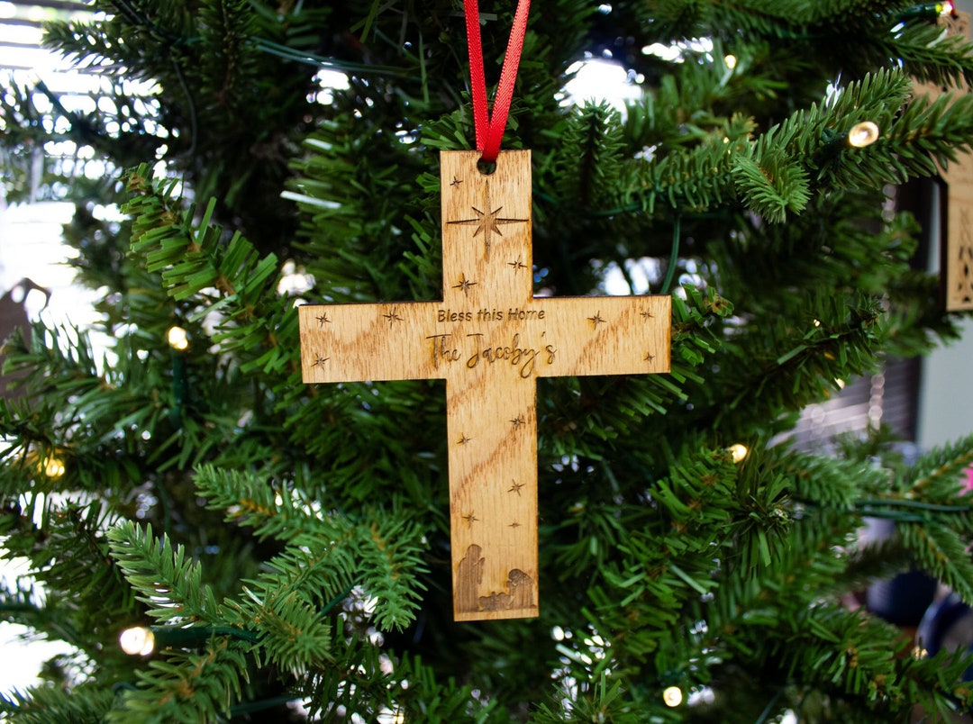 Bless This Home Cross Christmas Tree Wood Ornament, Laser Engraved ...