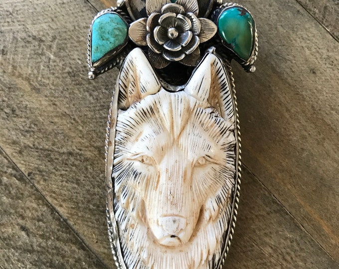 Bone Carved Wolf Pendant Set With Turquoise, Handcrafted, Nepalese ...
