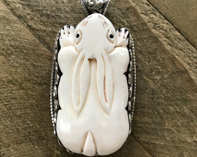 Bone Carved Rabbit Pendant, Handcrafted, Nepalese, Tibetan Repousse ...