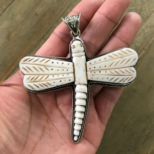 Large Bone Carved Dragonfly Pendant, Handcrafted, Nepalese, Tibetan ...