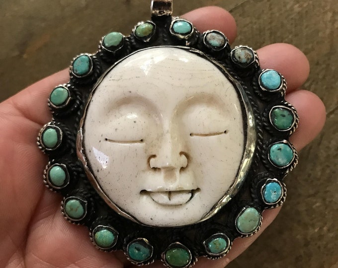 Bone Moon Face Pendant Set With Natural Torquoise, Handcrafted ...