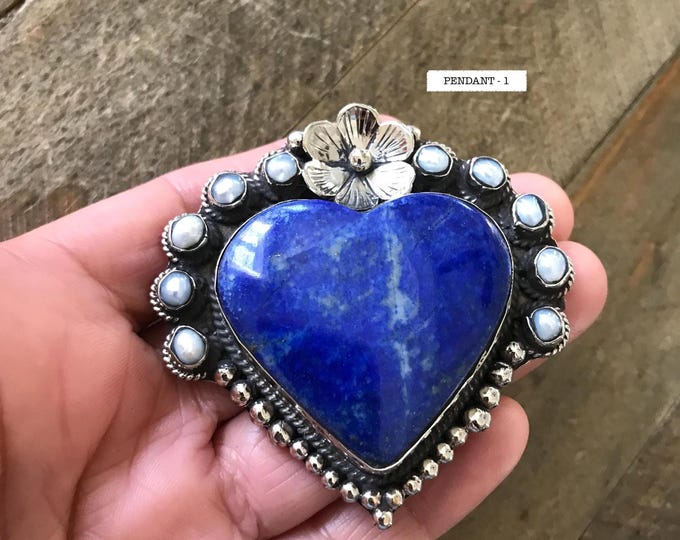 Lapis Lazuli Heart Pendant Set With Pearls, Handcrafted, Tibetan ...