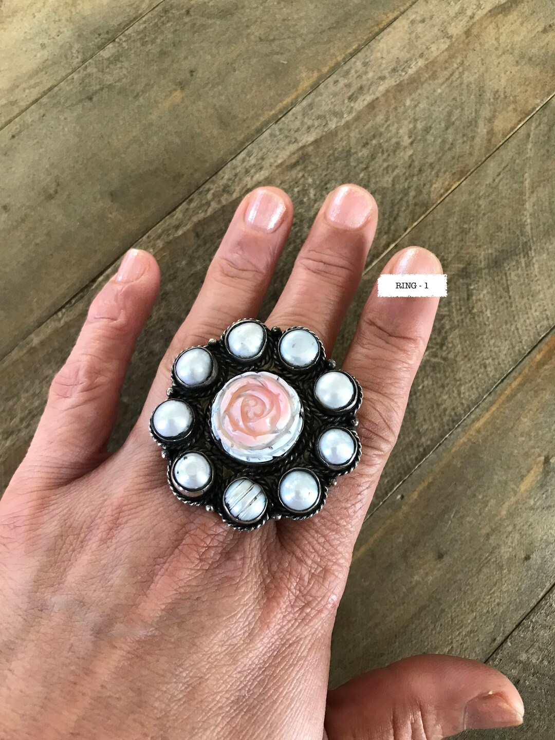 Shell Rose Ring Set With Pearls, Handcrafted, Nepalese, Tibetan ...