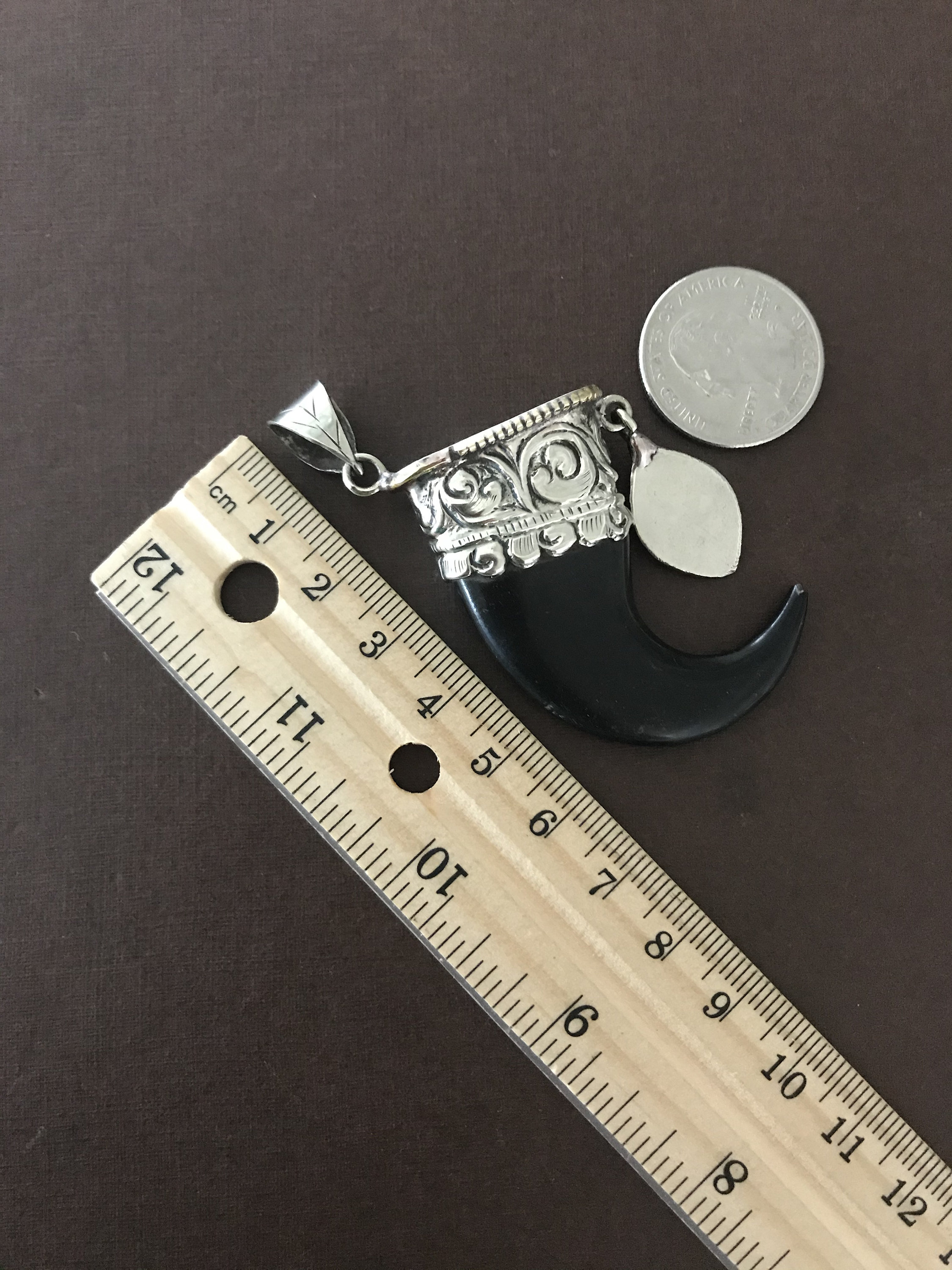 Black Horn Tooth Pendant With Silver Leaf Hanging Repousse - Etsy