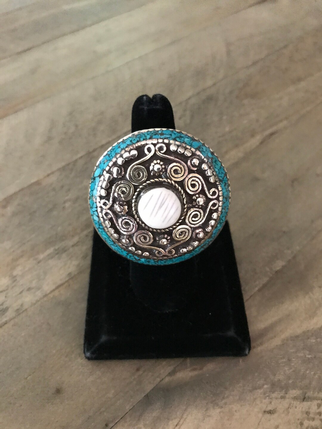 Round Large Brass Ring Set With Shell and Inlaid Turquoise, Handcrafted ...