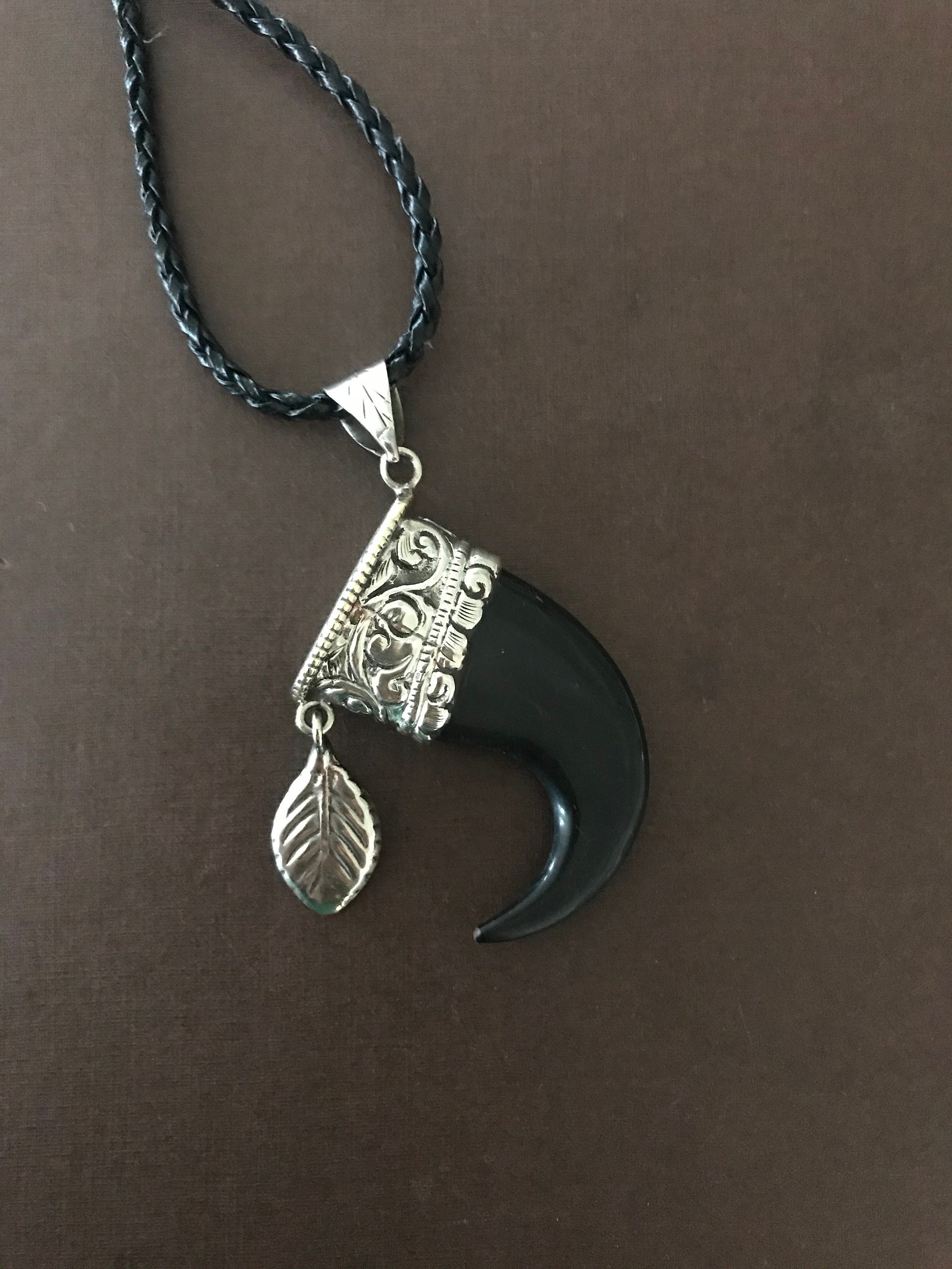 Black Horn Tooth Pendant With Silver Leaf Hanging Repousse - Etsy