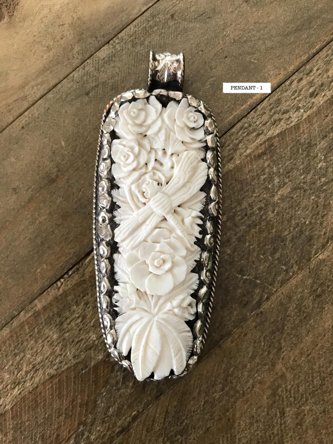 Bone Carved Dragonfly and Floral Pendant, Handcrafted, Tibetan Repousse ...