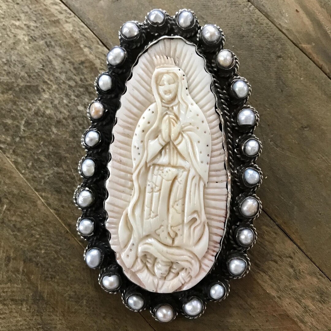 Handcrafted Bone Mother Mary Pendant, Tibetan Silver, Freshwater Pearls ...