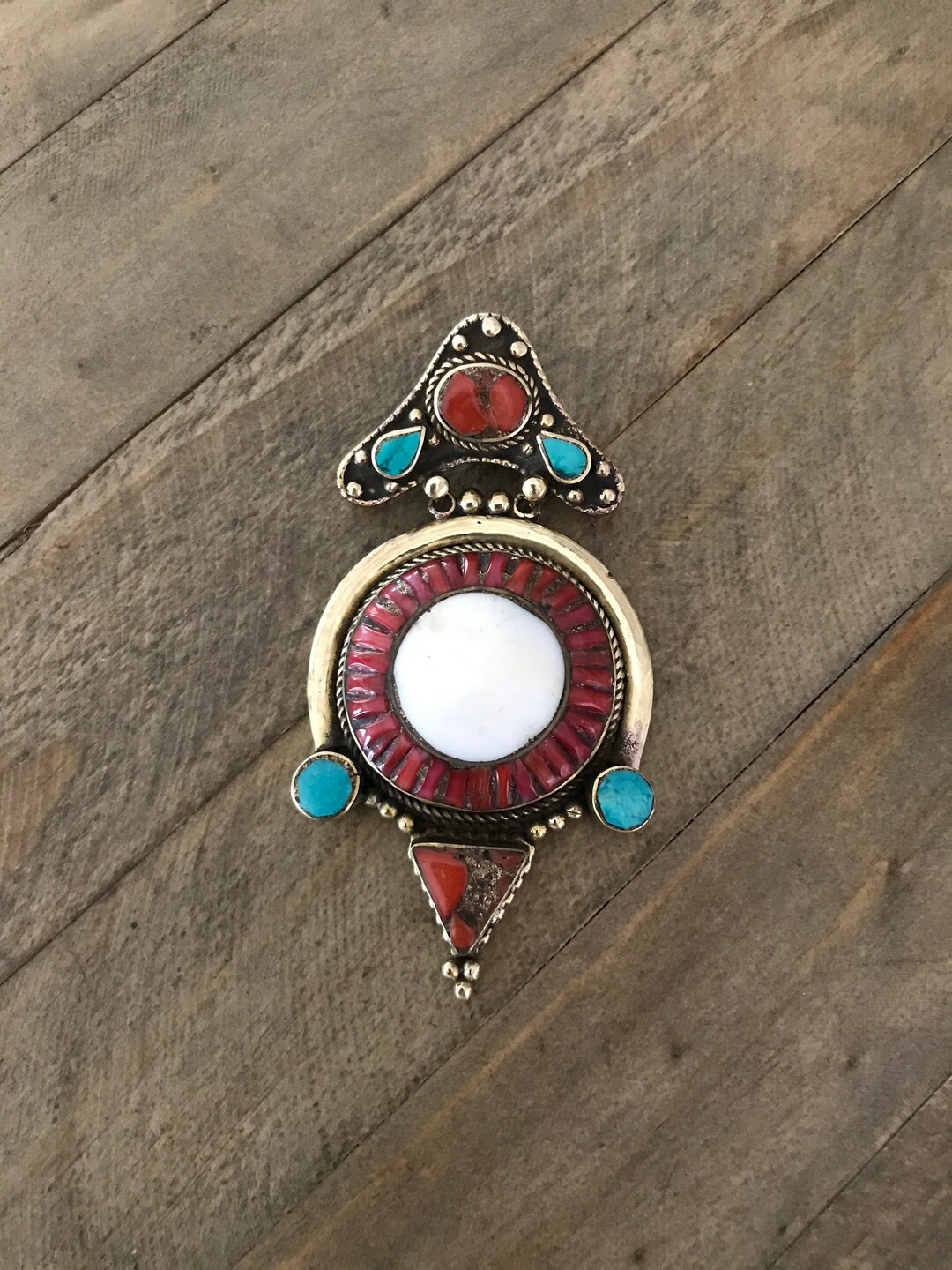 Brass Pendant Inlaid With Shell, Coral, and Turquoise, Handcrafted ...