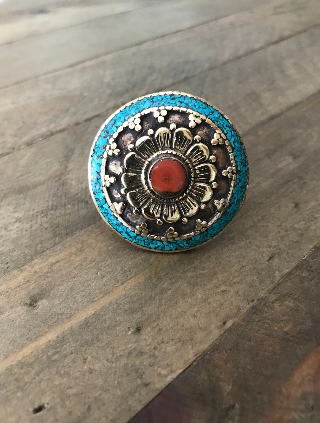 Round Brass Ring Set With Red Coral and Inlaid Turquoise , Handcrafted ...