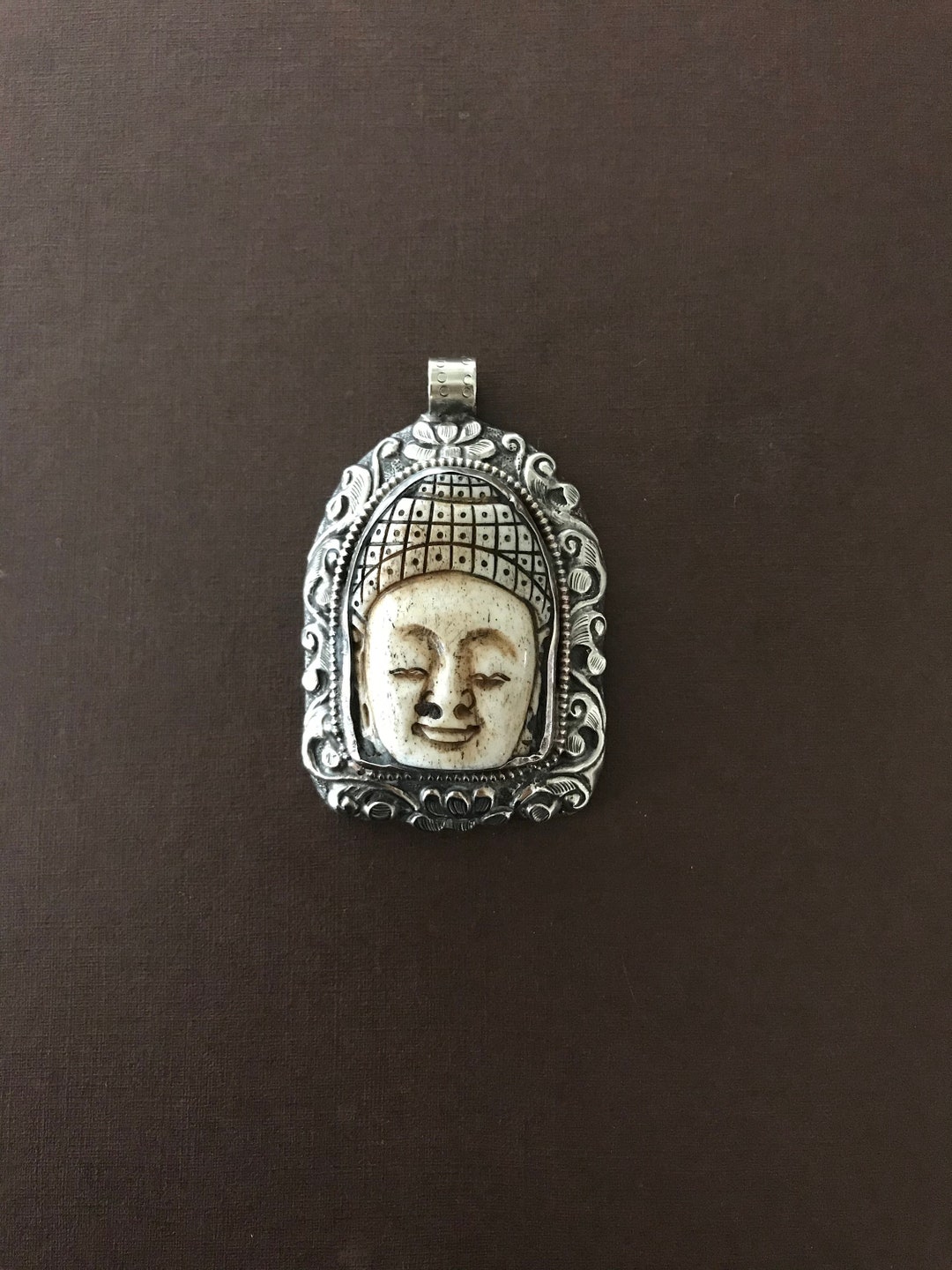 Bone Buddha Face Pendant, Repousse Silver, Floral Back and Front Edge ...