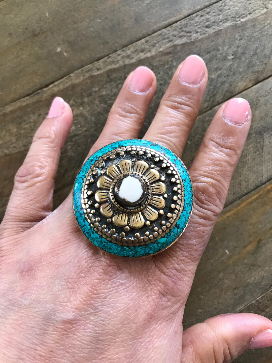 Round Brass Ring Set With Shell and Inlaid Turquoise, Handcrafted ...