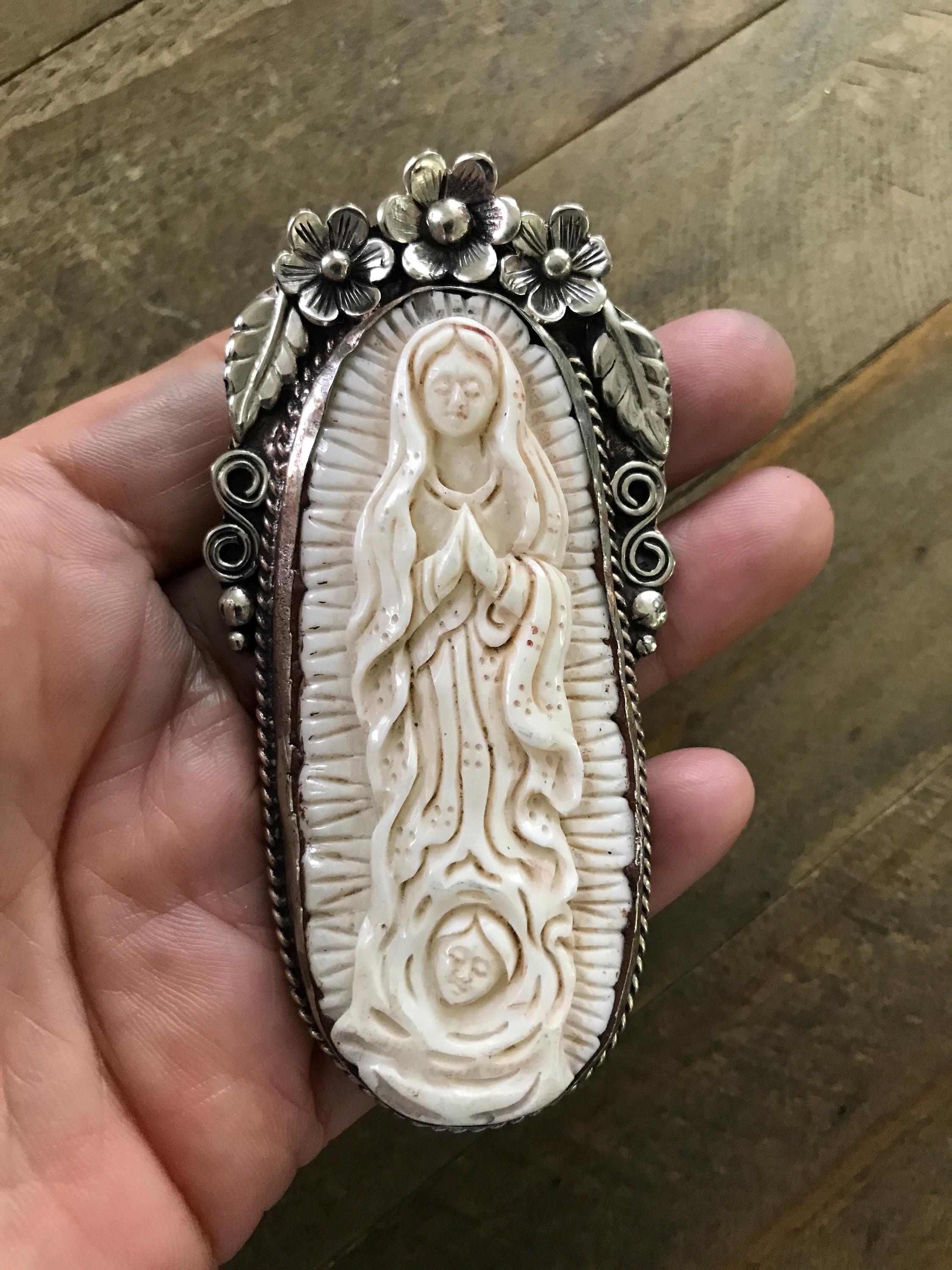 Bone Carved Mother Mary Pendant, Handcrafted, Tibetan Repousse Silver ...