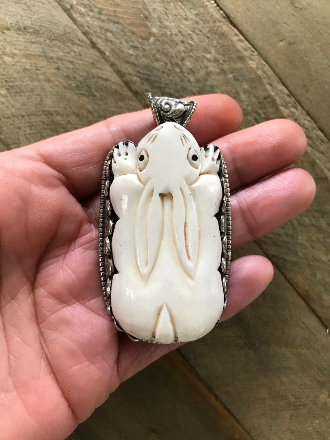 Bone Carved Rabbit Pendant, Handcrafted, Nepalese, Tibetan Repousse ...