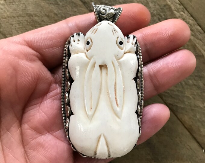 Bone Carved Rabbit Pendant, Handcrafted, Nepalese, Tibetan Repousse ...