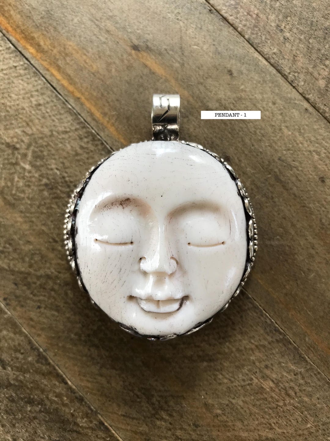 Bone Carved Moon Face Pendant, Handcrafted, Nepalese, Tibetan Repousse ...