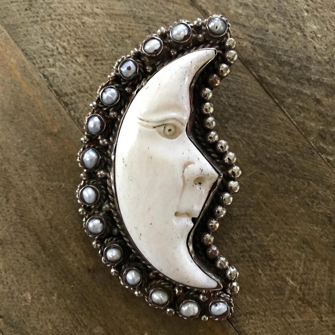 Bone Crescent Pendant Set With Fresh Water Pearls, Handcrafted, Tibetan ...