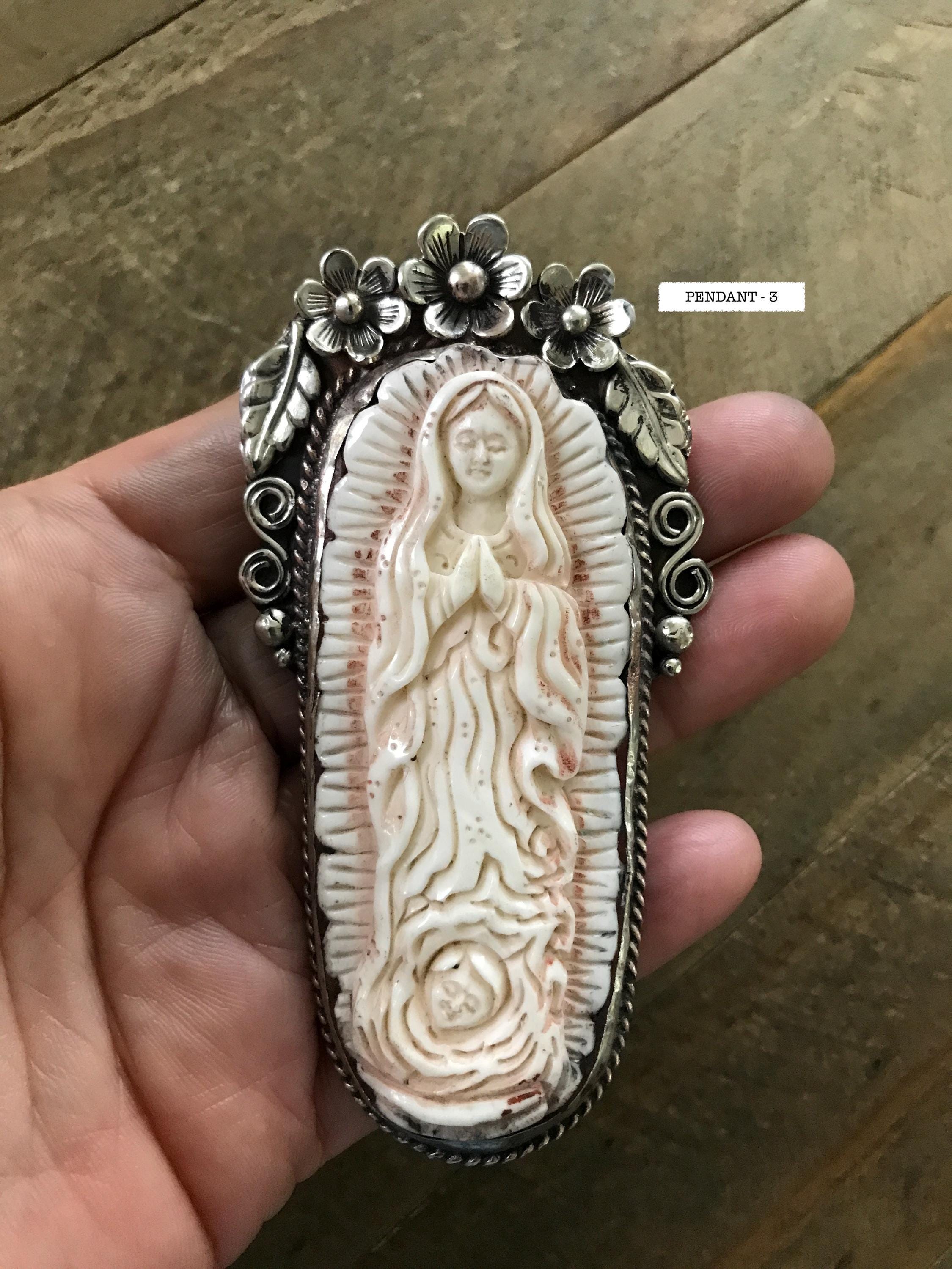 Bone Carved Mother Mary Pendant, Handcrafted, Tibetan Repousse Silver ...