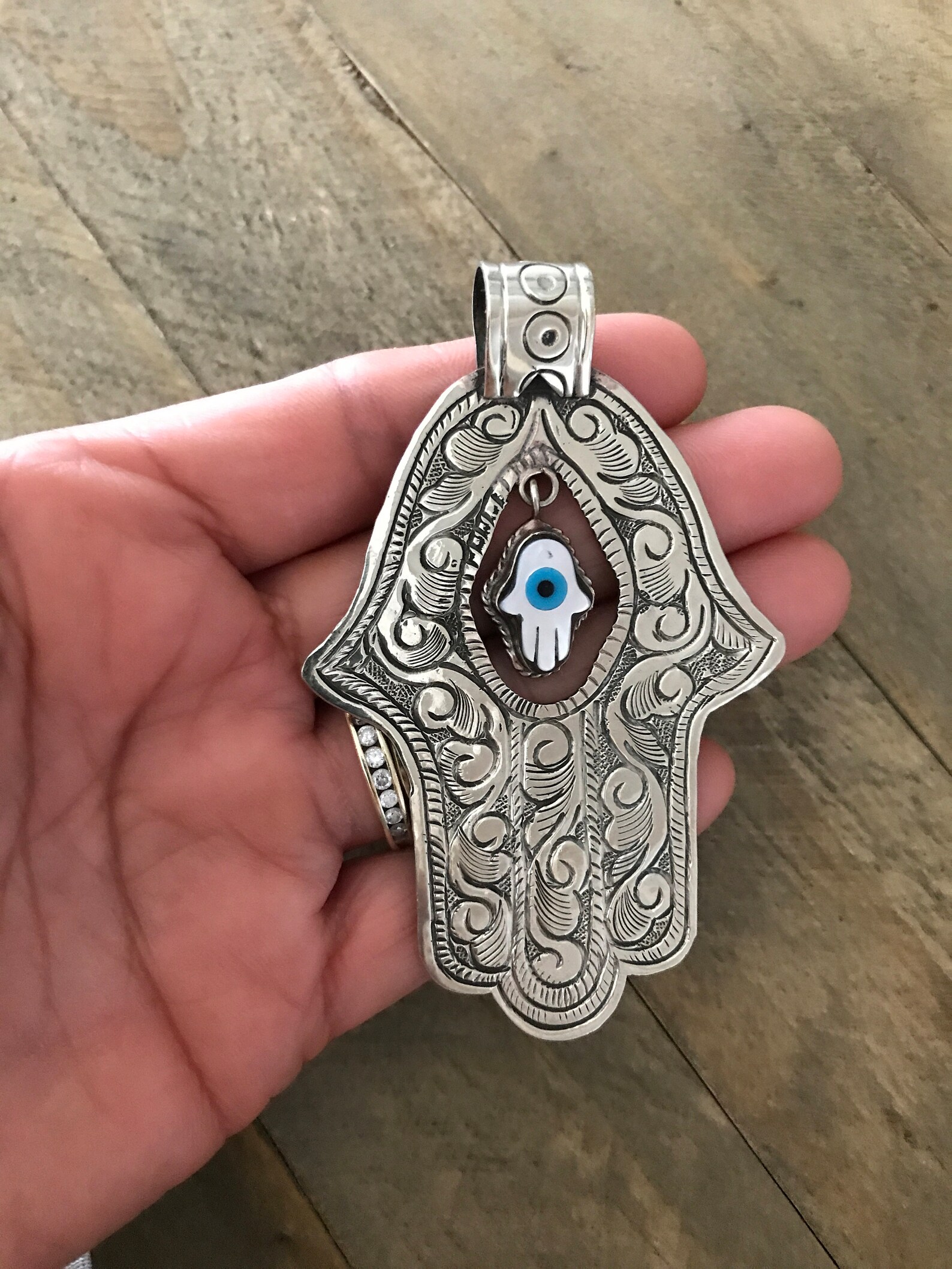 Hamsa Hand Pendant, Mother of Pearl, Handcrafted, Nepalese, Tibetan ...