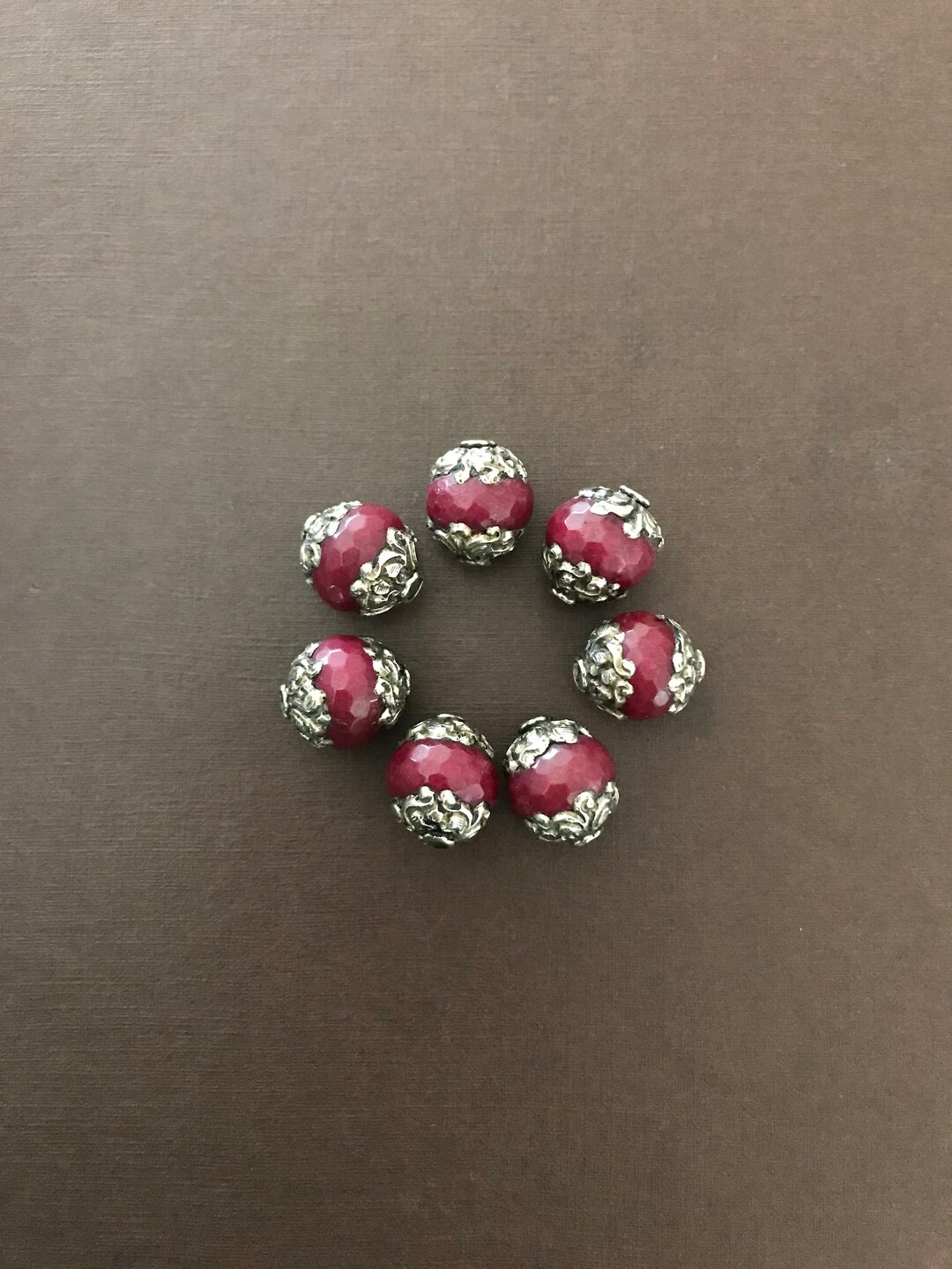 Faceted Ruby Jade Beads With Floral Caps, Handcrafted, Nepalese ...