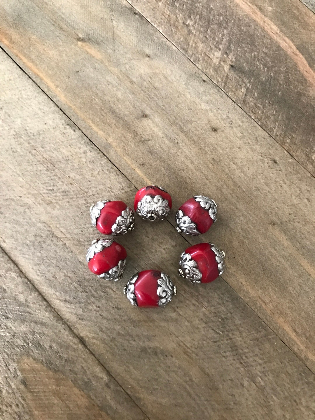 5 Pcs Red Bamboo Coral Beads: Tibetan Silver Floral Caps (15x11mm) - Etsy