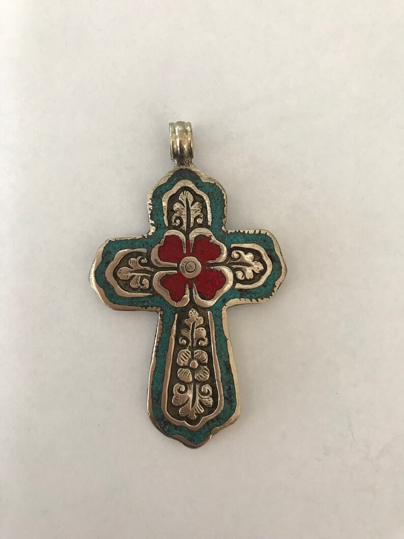 Inlaid turquoise and red stone cross pendant in Tibetan | Etsy