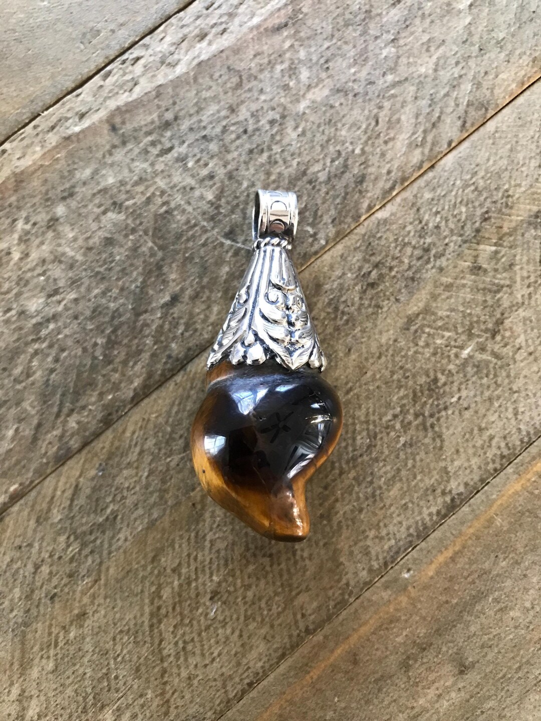 Tiger Eye Conch Pendant, Handcrafted, Nepalese, Tibetan Repousse Silver ...