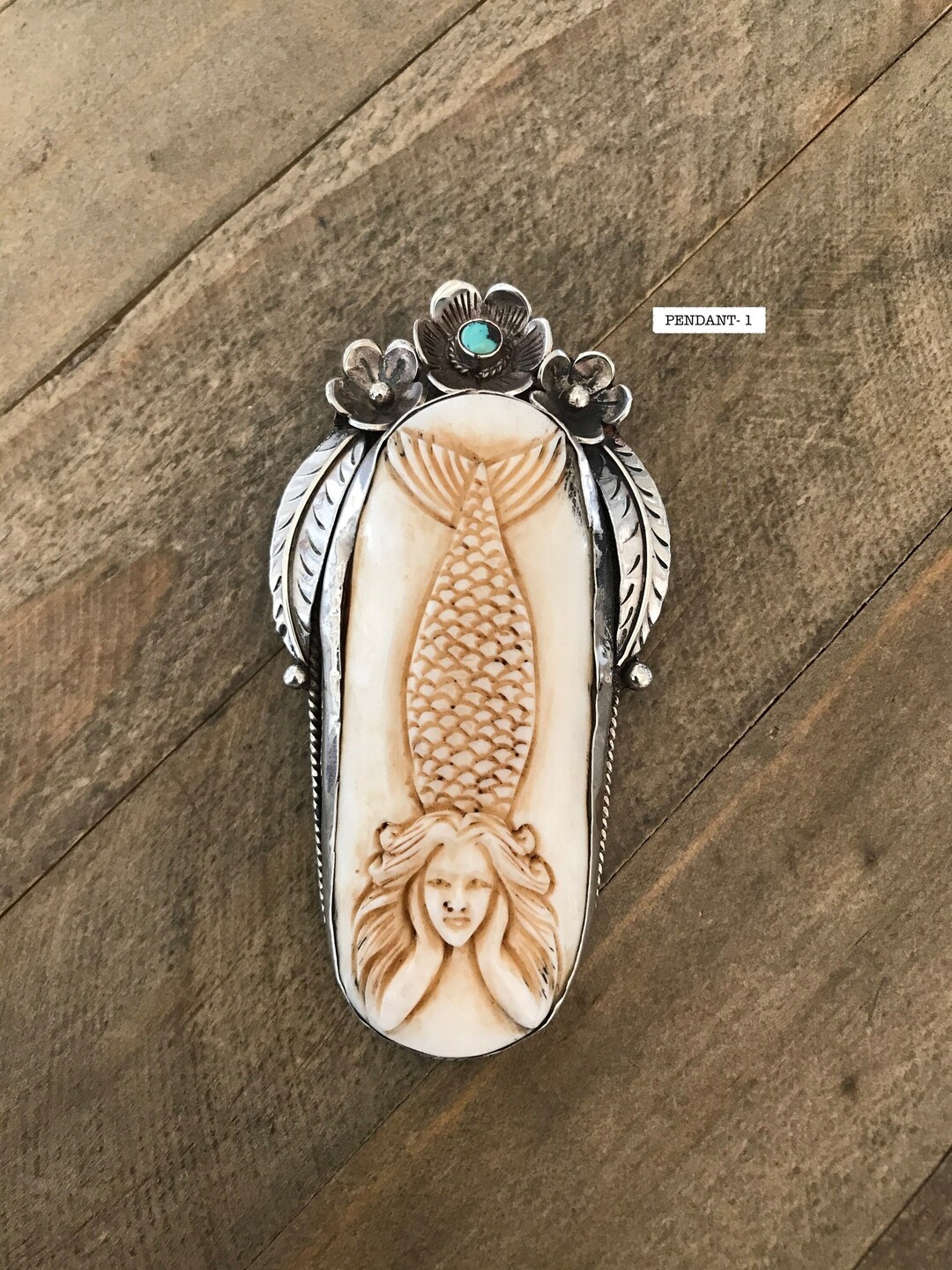 Bone Carved Mermaid Pendant Set With Turquoise, Handcrafted, Nepalese ...