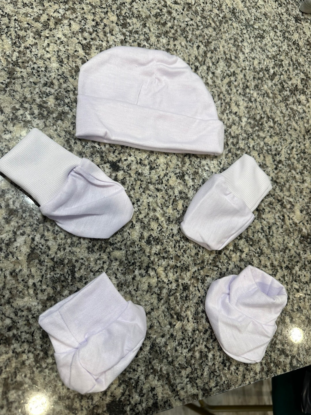 5 Piece Sublimation Baby Set Mittens Booties Hat White With Purple Tint ...