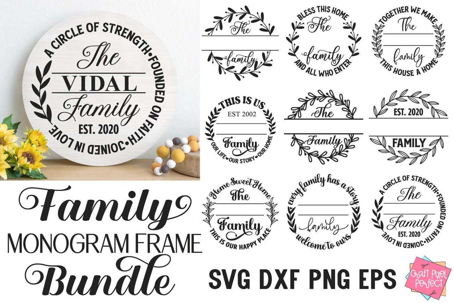 Family Monogram Frame Bundle, Floral Split Monogram Frame Svg, Wreath ...