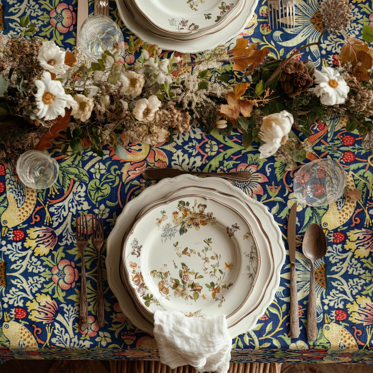 William Morris Tablecloth, Floral Bird Print Tablecloth, Blue Green ...